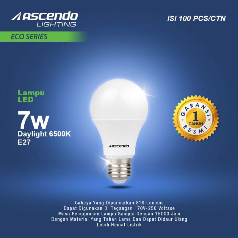 Jual ASCENDO 7Watt Lampu Bohlam LED 7 Watt PUTIH ECO SERIES E27 Garansi 1 Tahun 6500K | Shopee ...