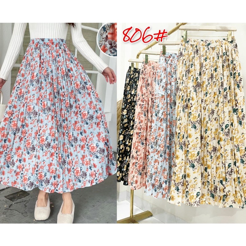 Jual Korean Chiffon Flower Pleated Long Skirt Import Premium ( Rok ...