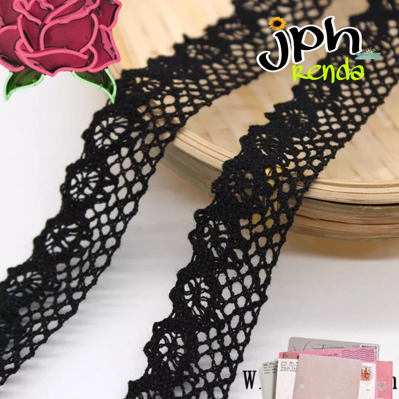 Jual Renda rajut hitam, renda kait hitam isi pergulung 15 yard | Shopee ...