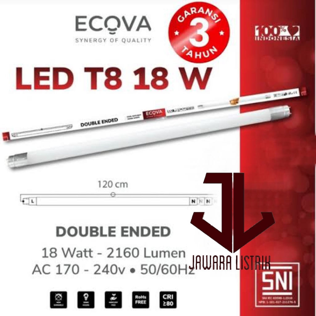 Jual ECOVA T8 LED LAMPU TL LED 18W 18 W WATT 120 CM BODY FITTING ALUMUNIUM | Shopee Indonesia