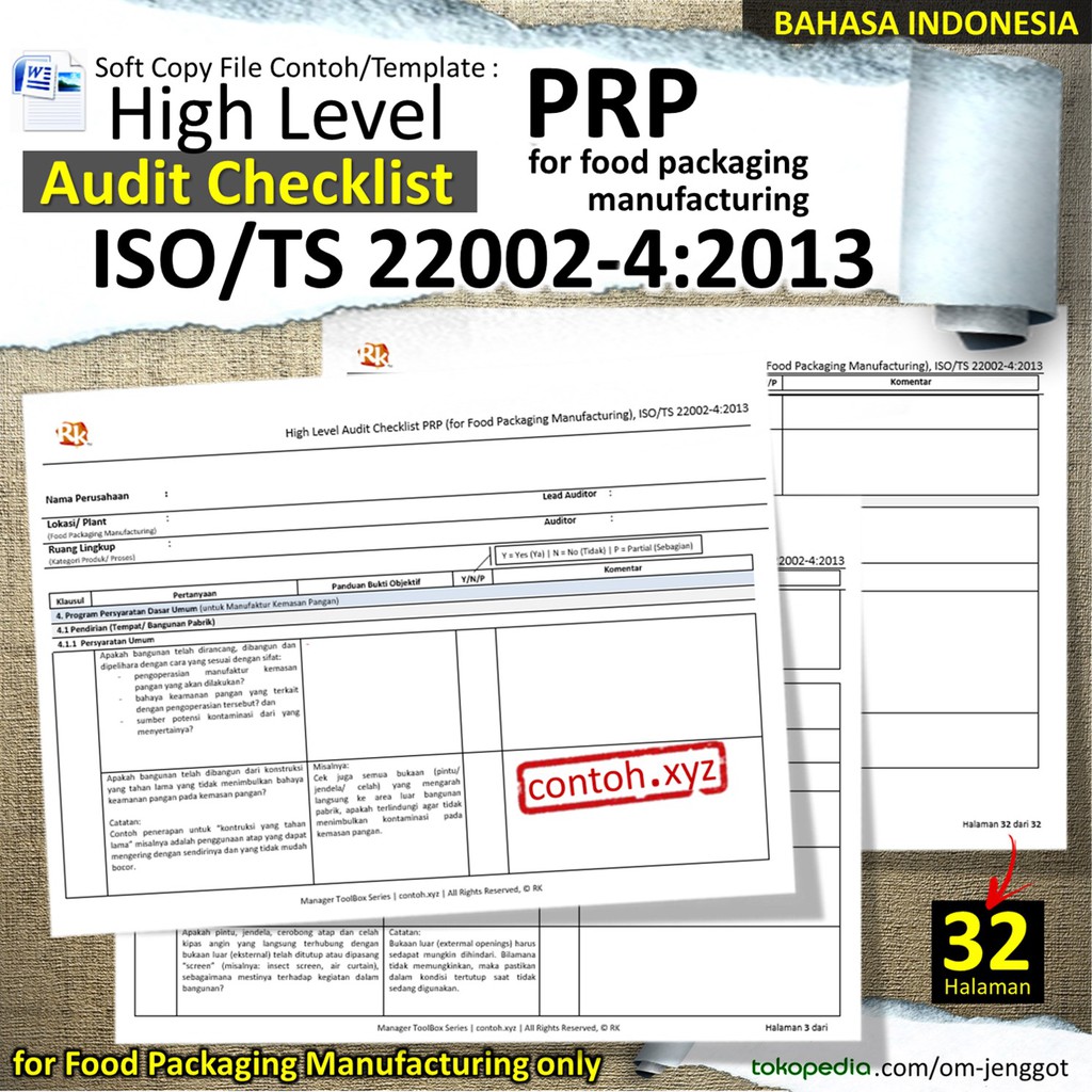 Jual [#16] Contoh High Level Audit Checklist (PRP), ISO/TS 22002-4:2013 ...