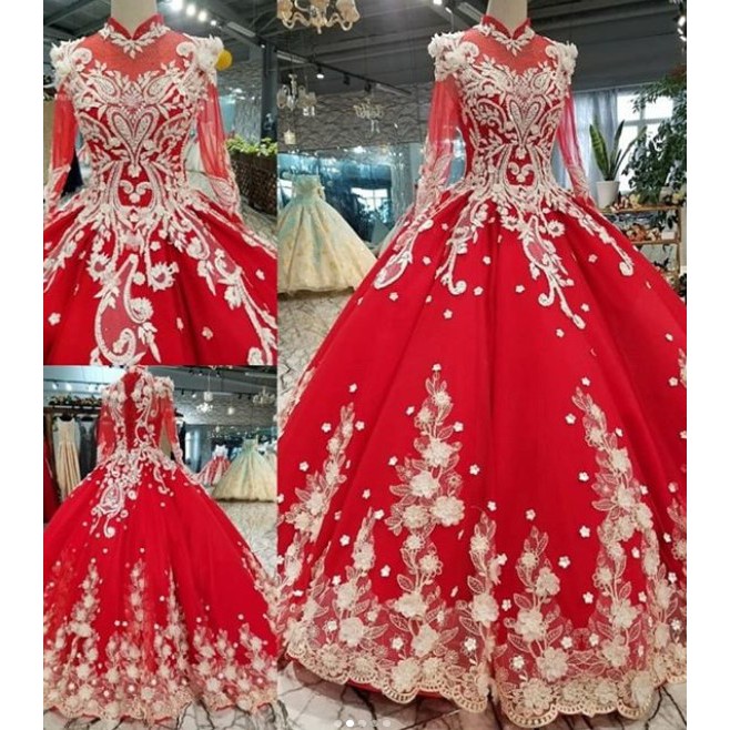 Jual gaun pengantin gaun pesta pernikahan merah Elegan kerah berdiri ...