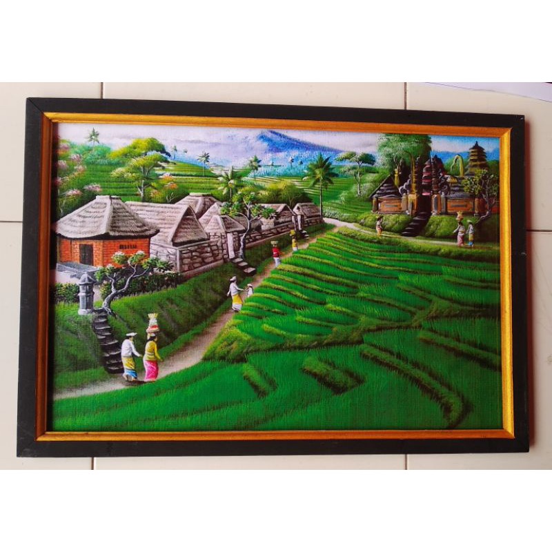 Jual lukisan cetak pemandangan sawah desa adat bali plus bingkai ukuran ...