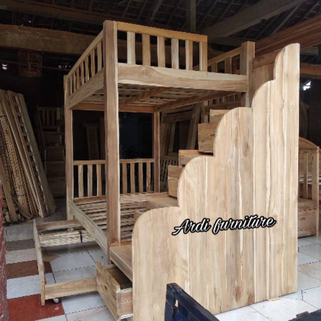 Jual Ranjang susun tempat tidur tingkat tangga laci kayu jati | Shopee ...