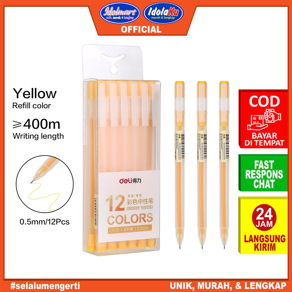 Jual IDOLAKU Deli Pulpen Gel Pen A119 Kuning / Tip 0.5mm Panjang ...