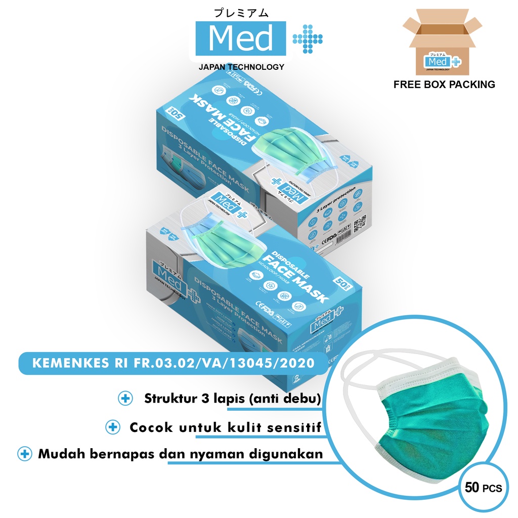 Jual Med+ Masker 3Ply Hijau/Biru/Putih/Hitam/Pink 50 Pcs / Masker 3Ply ...
