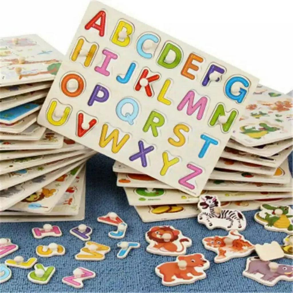 Jual Mainan Edukasi Anak Puzzle Kayu Bentuk Huruf dan Angka dengan Knob ...