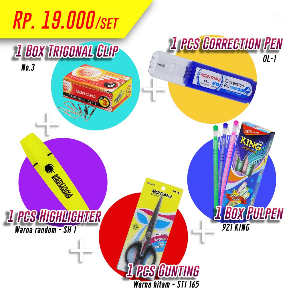 Jual MONTANA Gunting Stainless + Highlighter + Tipe-X + 1 Box Ballpoint ...
