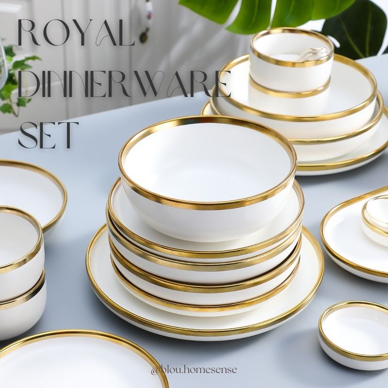 Jual Set Piring Mangkok Makan Gold Rim Mewah Royal Dinnerware Set 9pcs ...