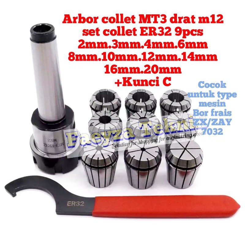 Jual arbor collet MT3 drat m12 set collet ER32 9pcs+kunci. cocok utk ...