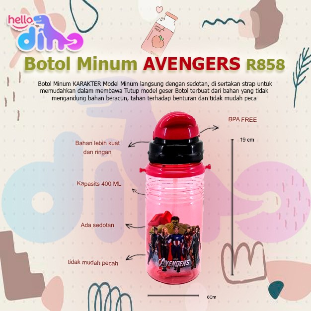 Jual Hello Dino - R858 | Botol Minum Anak Avengers Karakter Tali 400ml ...