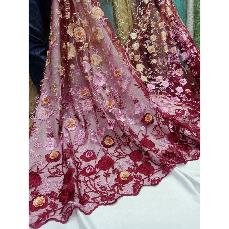 Jual Kain tulle 3D tritone / Kain tile bunga timbul / Tule bunga mawar ...