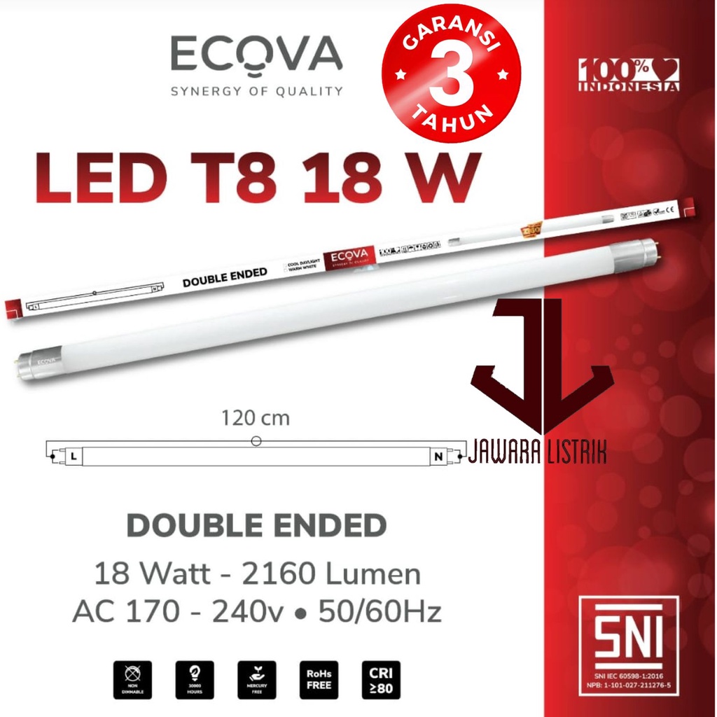 Jual ECOVA T8 LED LAMPU TL LED 18W 18 W WATT 120 CM BODY FITTING ALUMUNIUM | Shopee Indonesia