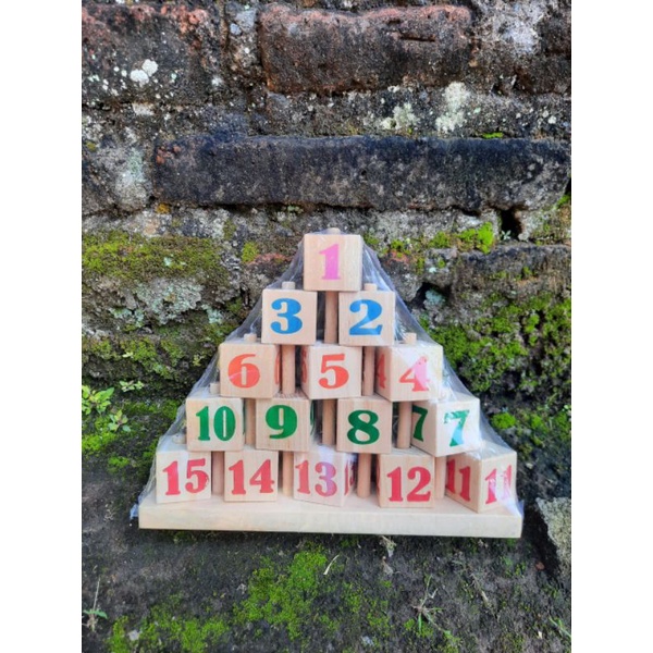 Jual Mainan Kayu Edukasi Menara Balok Susun Piramid hijaiyah, angka dan ...