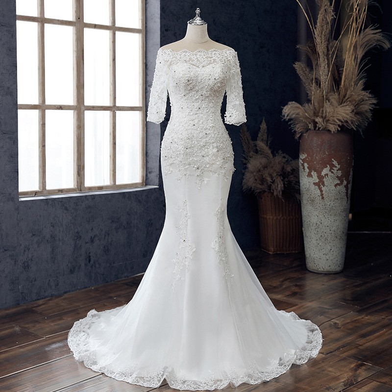 Jual Gaun Pengantin 2106025 Putih Mermaid Sabrina Lengan Panjang Ekor ...