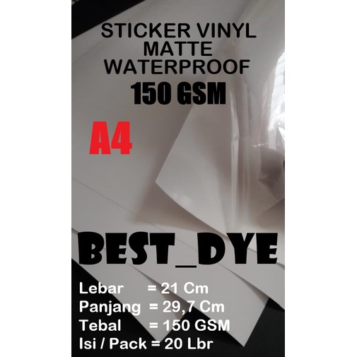Jual Sticker Vinyl MATTE Inkjet WATERPROOF 150 GSM , A4= 21 x 29,7 CM ...