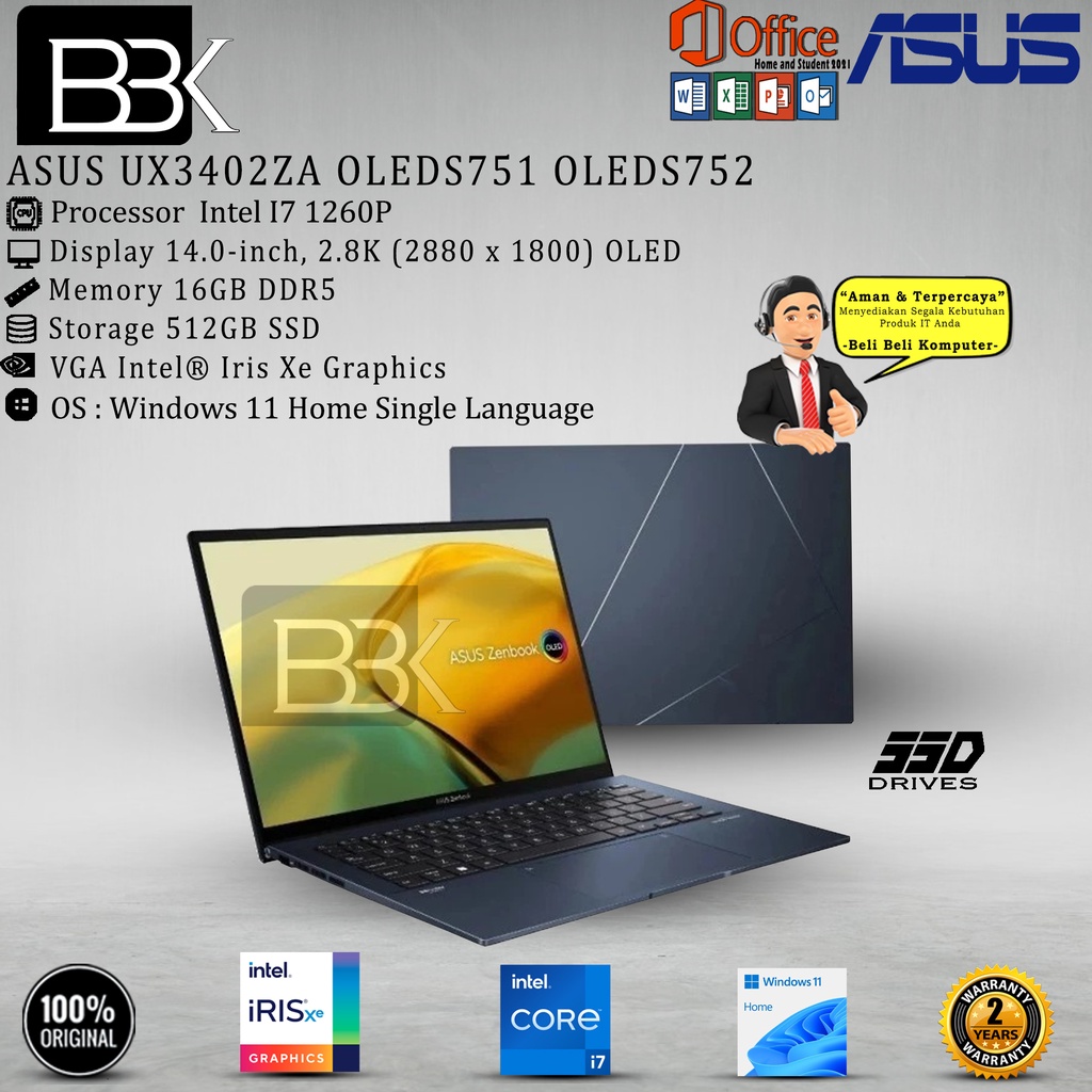 Jual ASUS UX3402ZA OLEDS751 OLEDS752 i7 1260P 16GB 512GB Iris Xe W11 ...