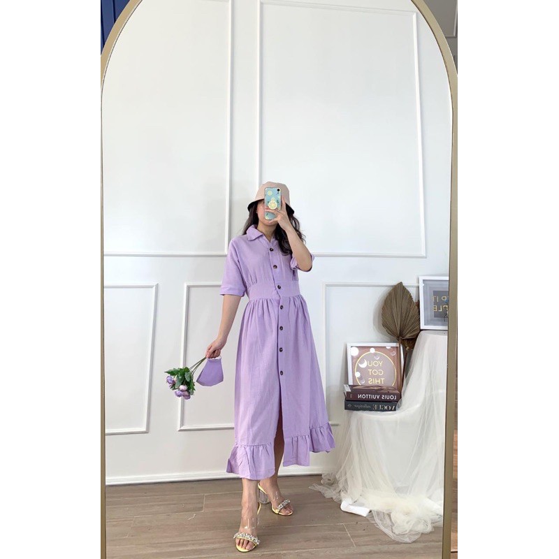 Jual #1884 Button Ruffle Dress linen / dress korean bagus kantor ...