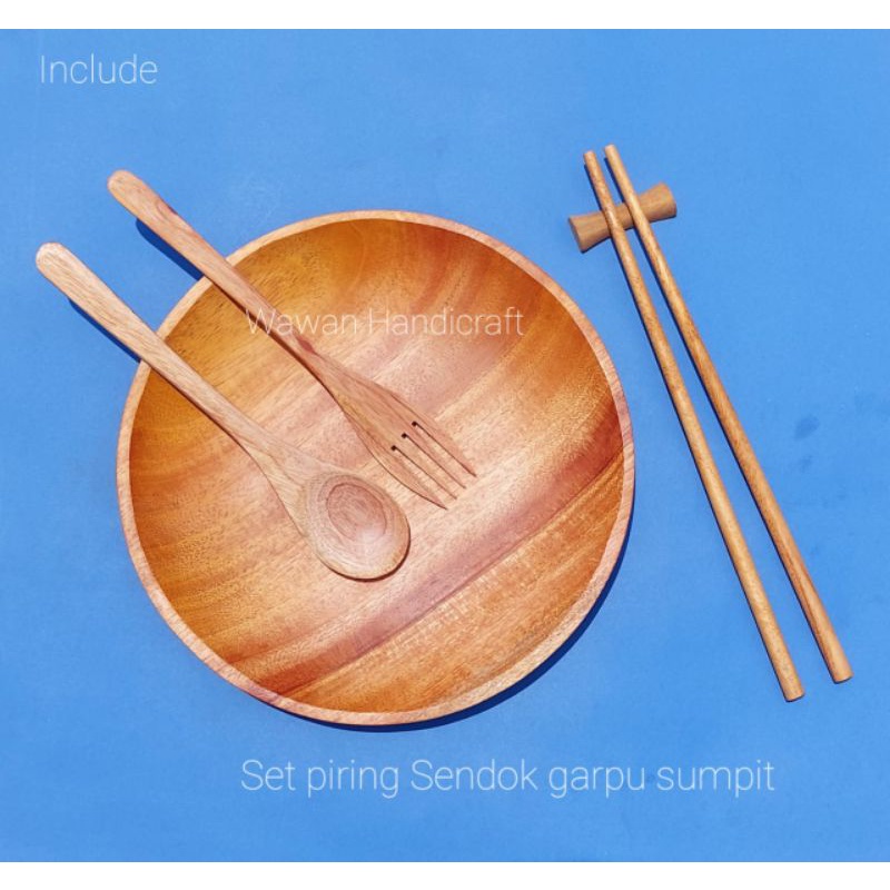 Jual piring kayu set/piring makan liuk 20cm set sendok garpu sumpit ...