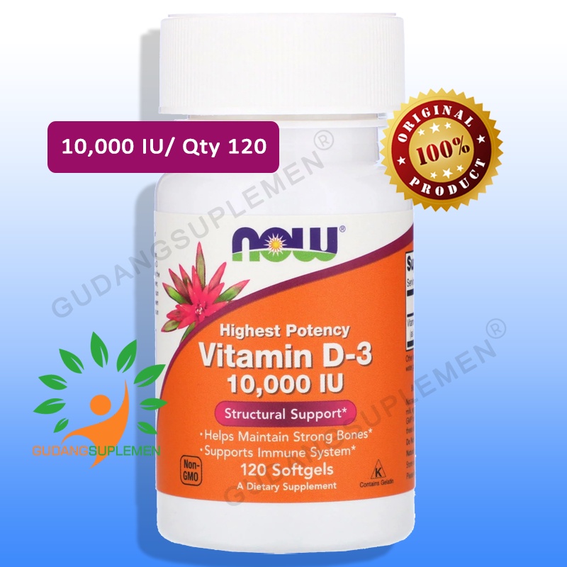 Jual NOW Highest Potency Vitamin D3 10000 IU 120 Softgels - Tulang - Imunitas - Flu - Kanker ...