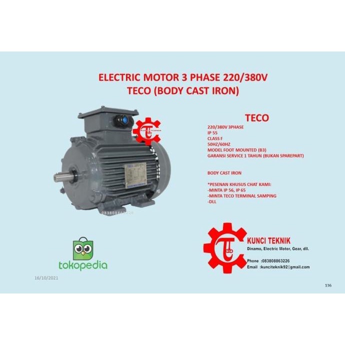 Jual TECO 3 HP 2.2 KW 3 Phase 4 Pole B3 Elektro Motor/dinamo/Motor Induksi --NEW-- | Shopee ...