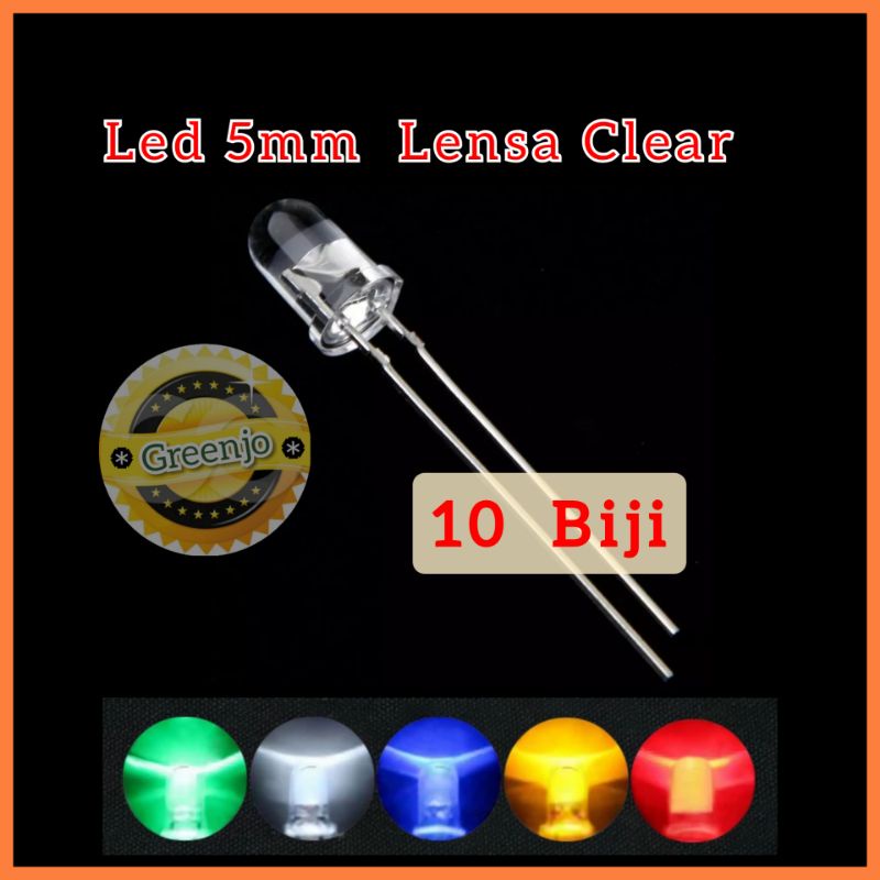 Jual x10 Led 5mm Lensa Clear Nyala Putih, Merah, Biru, Kuning, atau ...