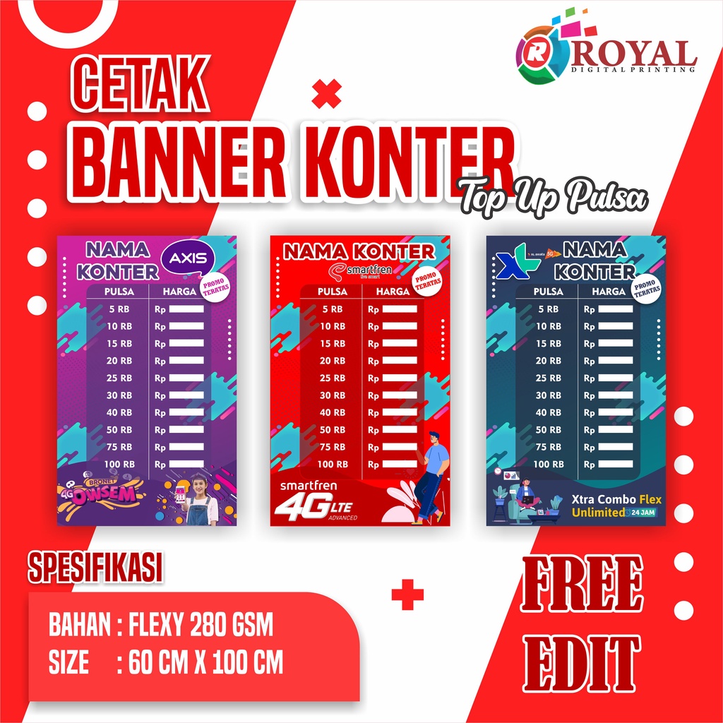 Jual Banner Spanduk Top Up Pulsa Konter / Banner Daftar Harga / Spanduk Konter Murah / Mmt flexy ...