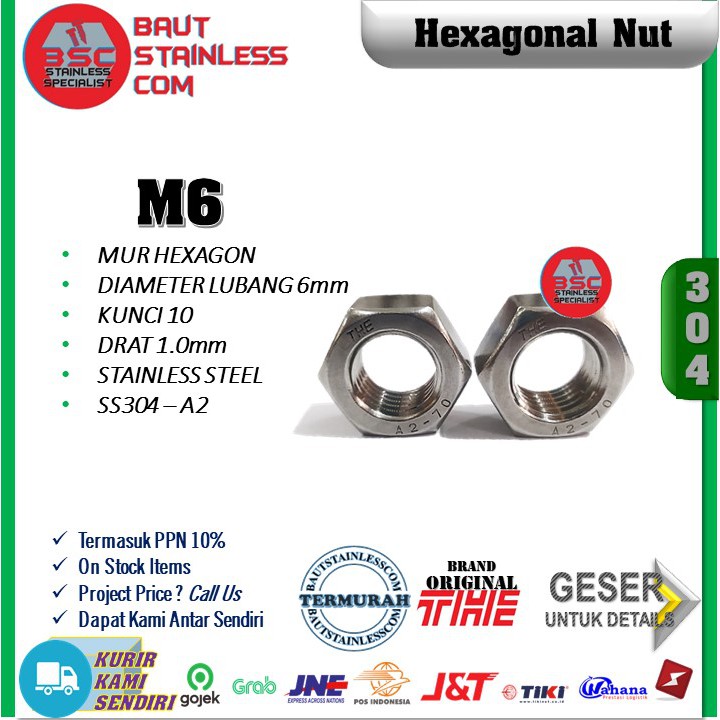 Jual MUR HEX NUT M6 STAINLESS SS304 A2 ISI 10 PCS | Shopee Indonesia