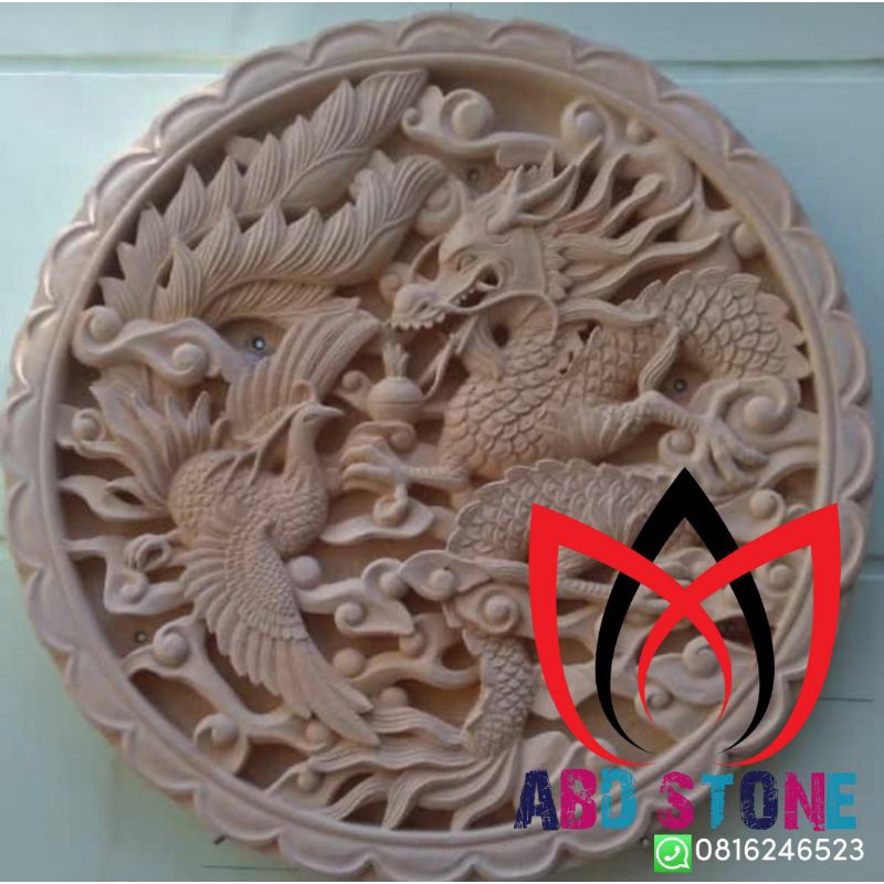 Jual relief tempel dinding batu alam motif naga diameter 100cm bulat ...