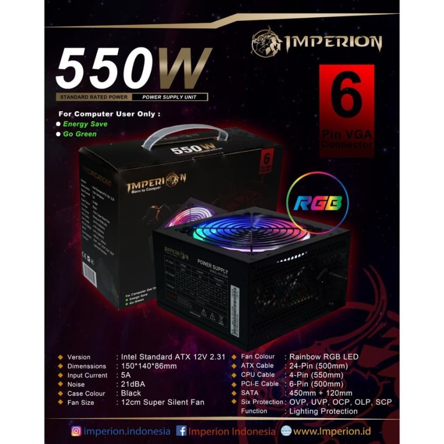 Jual Psu Gaming Imperion 550w 6 pin RGB atx p500 - Power supply 550 ...