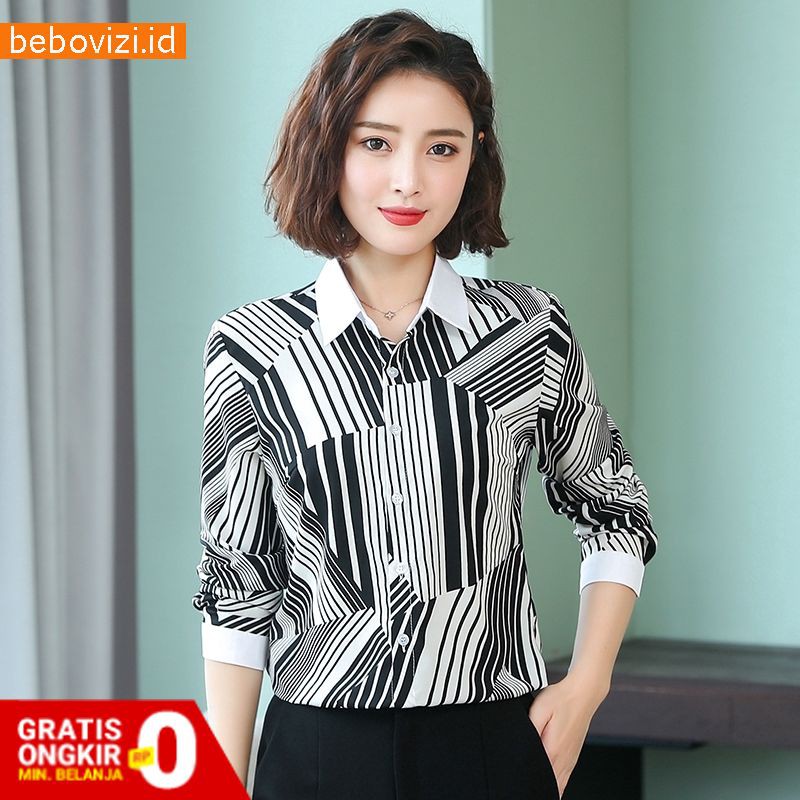 Jual Kemeja Wanita Pakaian Korean Red Black Stripe Lengan Panjang Plus Size Kerja Kantor Ol Work ...