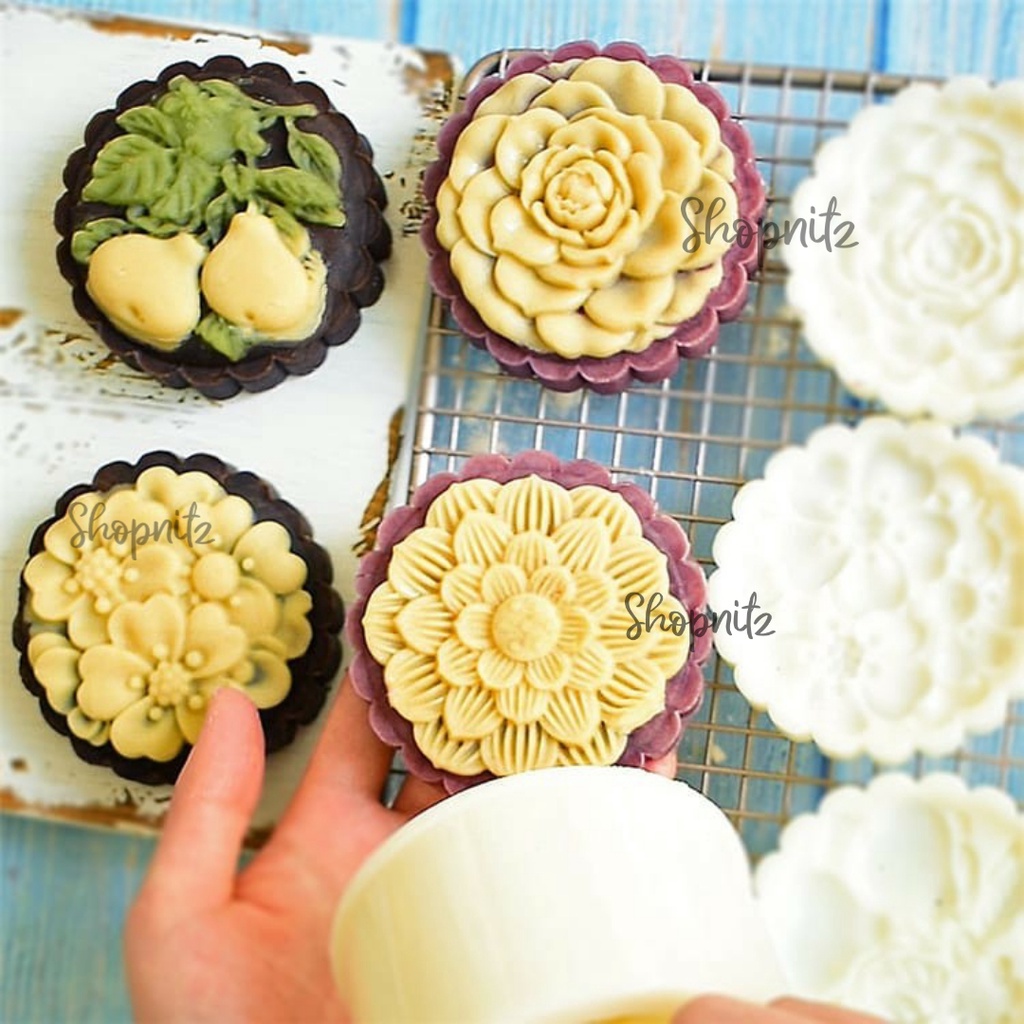 Jual Cetakan Kue Bulan Mooncake Press Mold PREMIUM-FLOWER (150gr) (4pc ...