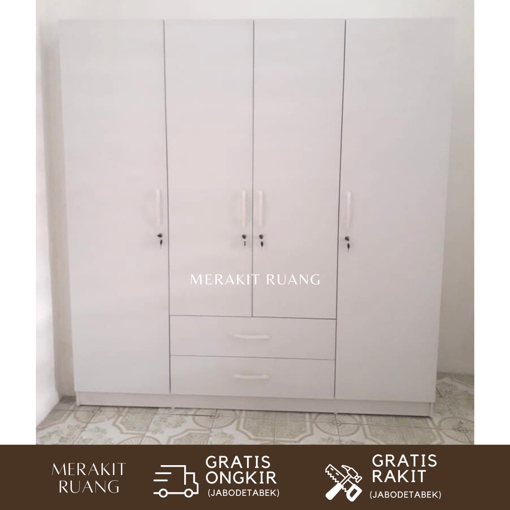 Jual Lemari Pakaian Modern 4 Pintu 2 Laci Tanpa Cermin Design Premium ...