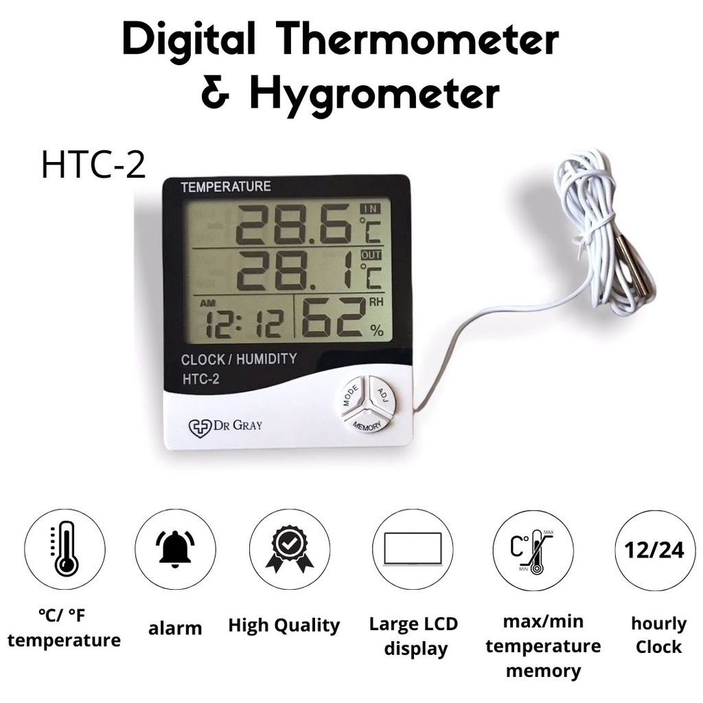 Jual HTC - 2 Thermometer Hygrometer Ruangan Digital Jam 3 display in out DR.GRAY [HTC2] | Shopee ...