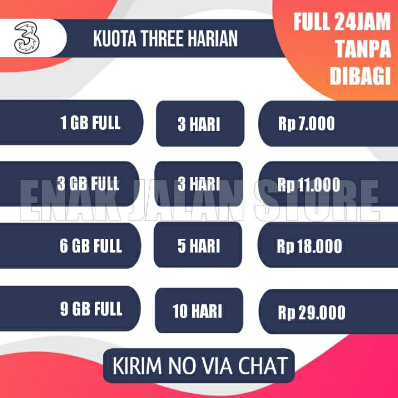 Jual Kuota Three Harian, Kuota Tri 3 hari, 5 hari, 1GB, 3GB, 6GB, 9GB ...