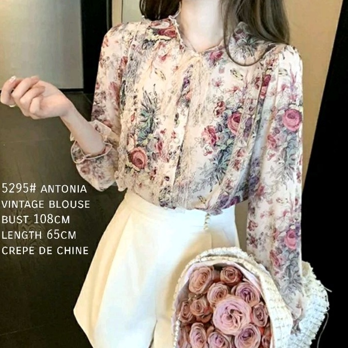 Jual 5295 Baju atasan kemeja blouse VINTAGE lengan panjang motif bunga flower floral Korean ...
