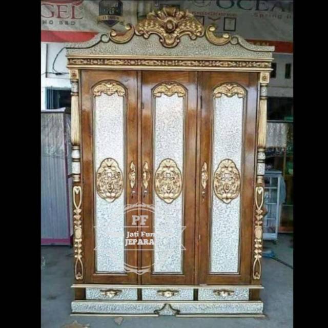 Jual Almari pakaian jati 3 pintu lemari pakaian ukir warna kombinasi ...