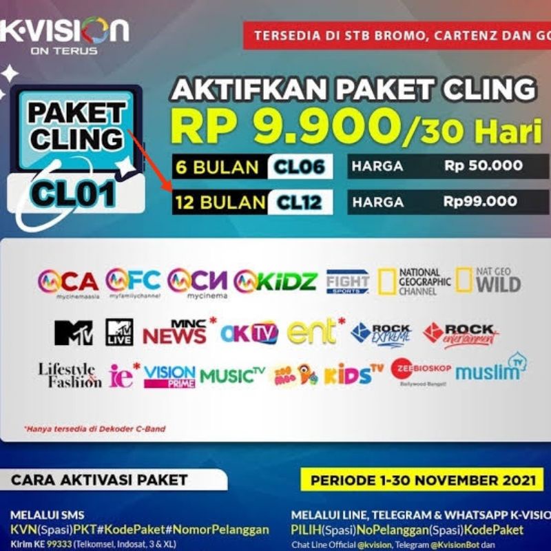 Jual Voucher K-Vision Bromo, Cartenz dan Gol Pket Cling 1 Tahun. Aktikan Chanel RCTI, MNCTV, GTV ...