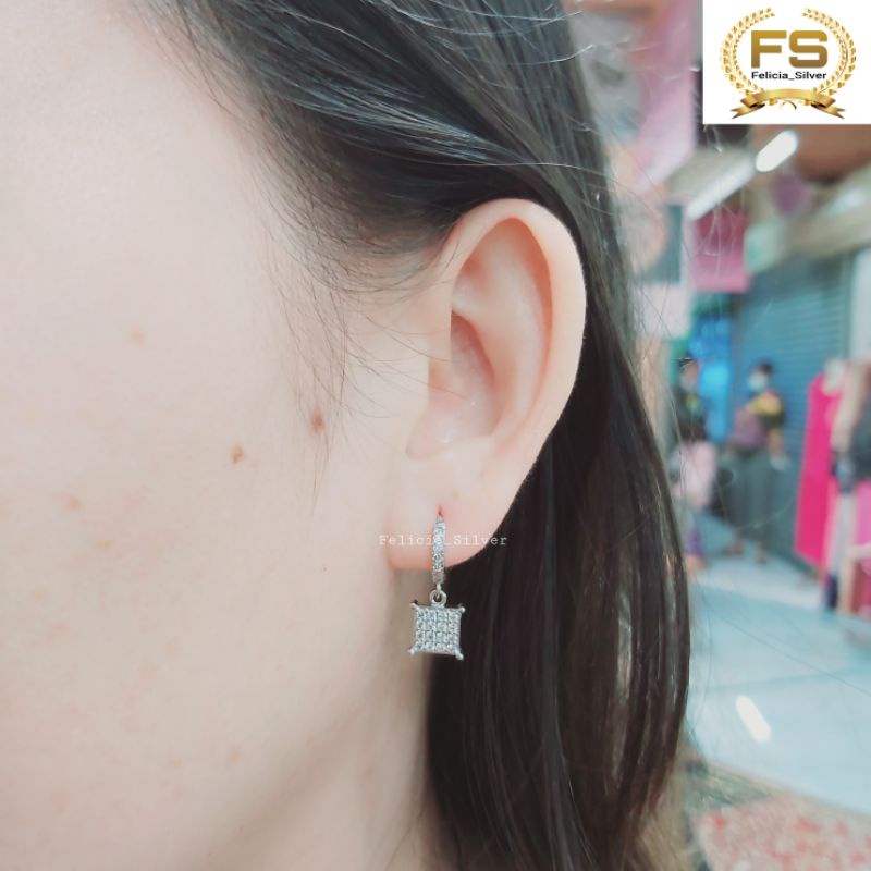 Jual ANTING PERAK ASLI SILVER WANITA 925 LAPIS EMAS PUTIH MODEL JEPIT GANTUNGAN KOTAK PERMATA ...