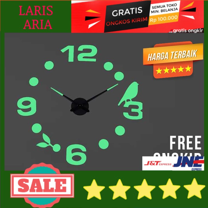Jual JAM DINDING BURUNG GLOW IN THE DARK SILENT MOVEMENT MINIMALIS ...