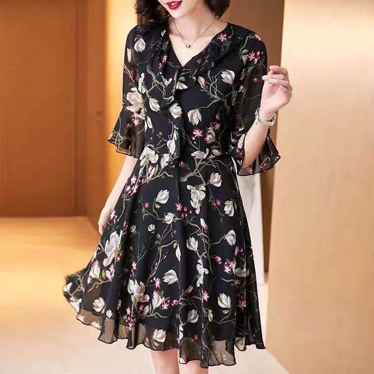 Jual COD Baru Bunga Korea Floral Chiffon Dress Temperamen V-neck Rok ...