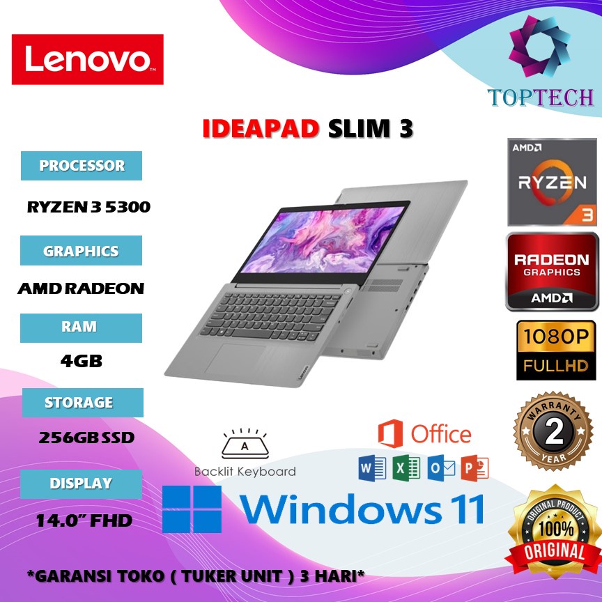 Jual LAPTOP LENOVO IDEAPAD SLIM 3 RYZEN 3 5300 RAM 4GB 256GB SSD W11+OHS 14.0FHD BLIT RAID/RBID ...