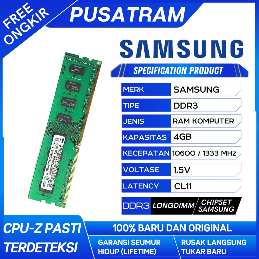 Jual RAM PC SAMSUNG DDR3 4GB 10600 / 1333MHz ORI RAM KOMPUTER RAM PC 1 ...