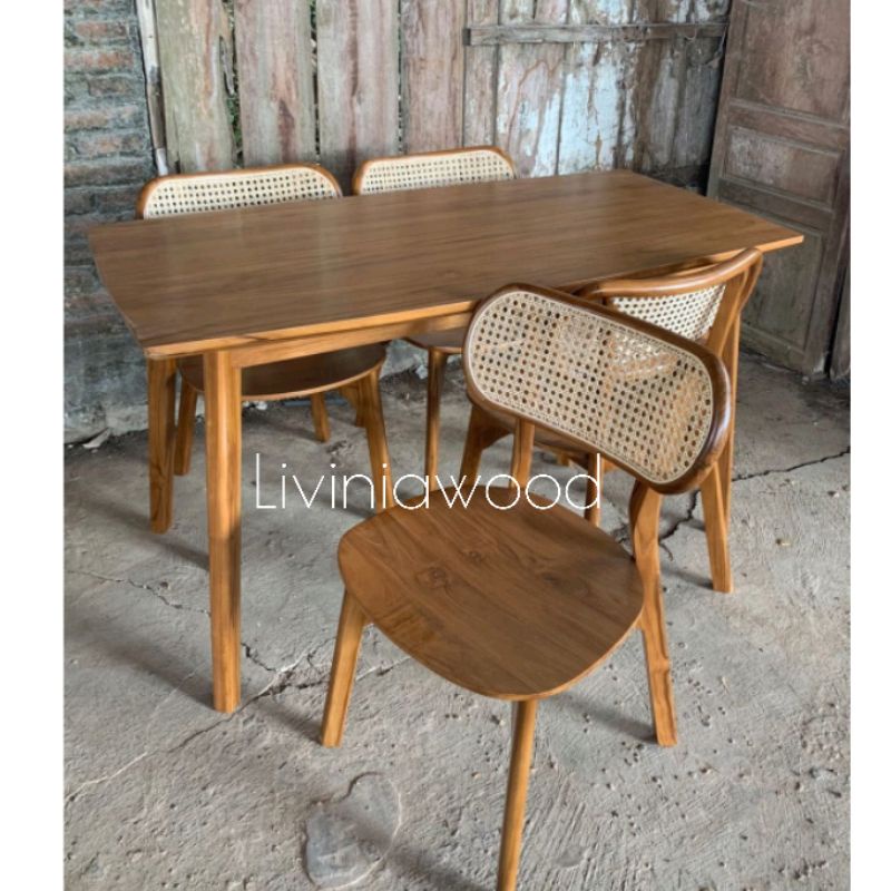 Jual Meja makan set 4 kursi jati rotan 140cm, kursi cafe retro rotan asli Jepara | Shopee Indonesia