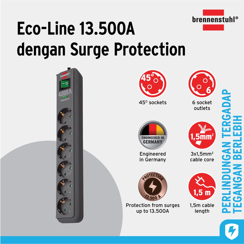 Jual Brennenstuhl Eco-Line Surge Protection 13.500 A Stopkontak 6 Soket ...