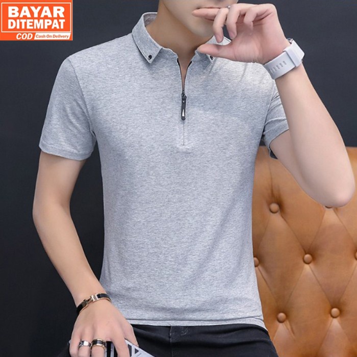 Jual Polo Shirt Pria Baju Kaos Polo Pria Resleting Terbaru Polos Kerah Bahan Katun - Elyon - Abu ...