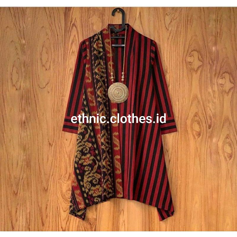 Jual long outer batik tenun wanita tenun mix lurik merah | Shopee Indonesia