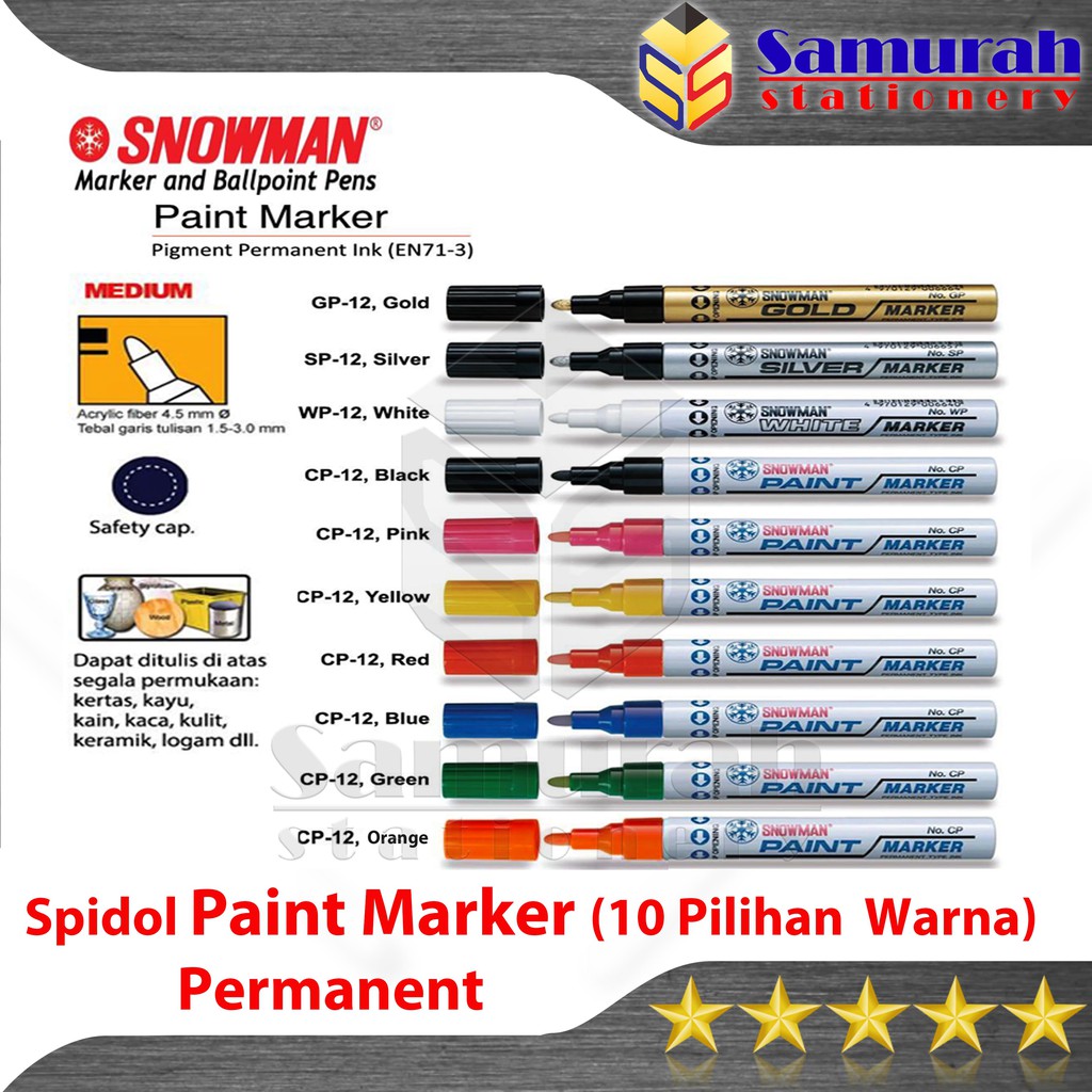 Jual Spidol Paint Marker Snowman Permanent Besar 10 Warna - Emas Perak ...