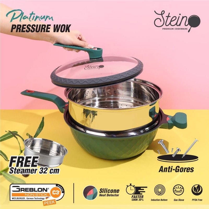 Jual Promo Wok Platinum Pressure Cooker Anti Baret Steincookware DEBM free cutting board stein ...