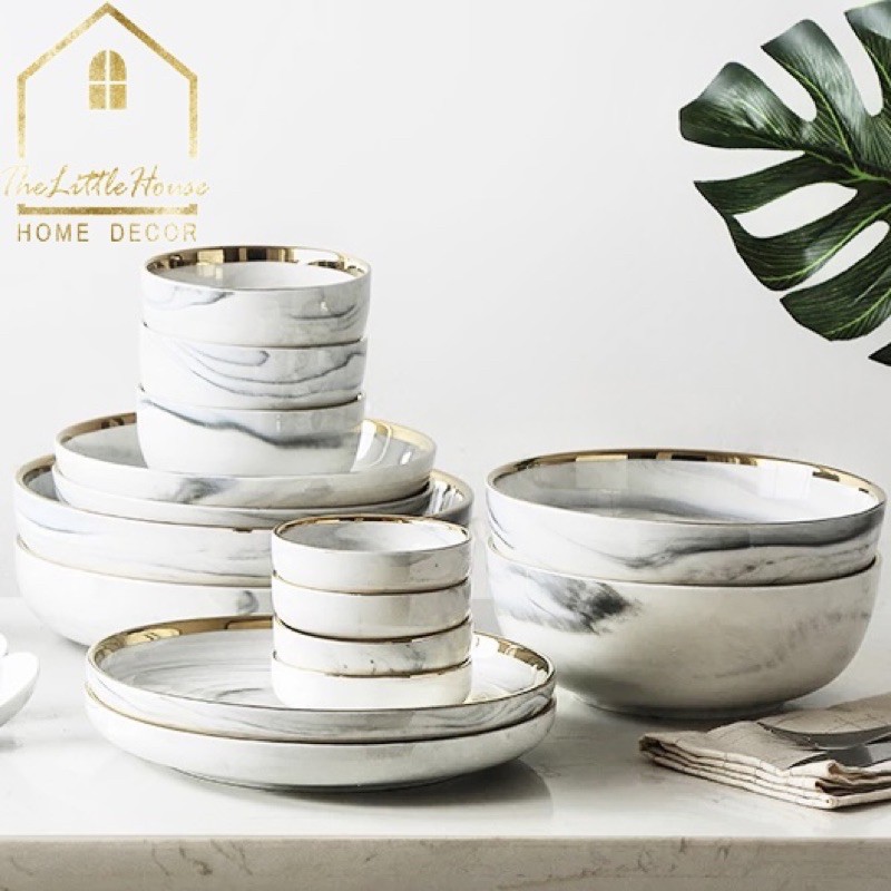Jual Marble Gold Rim Plate / marble platter / piring makan | Shopee ...